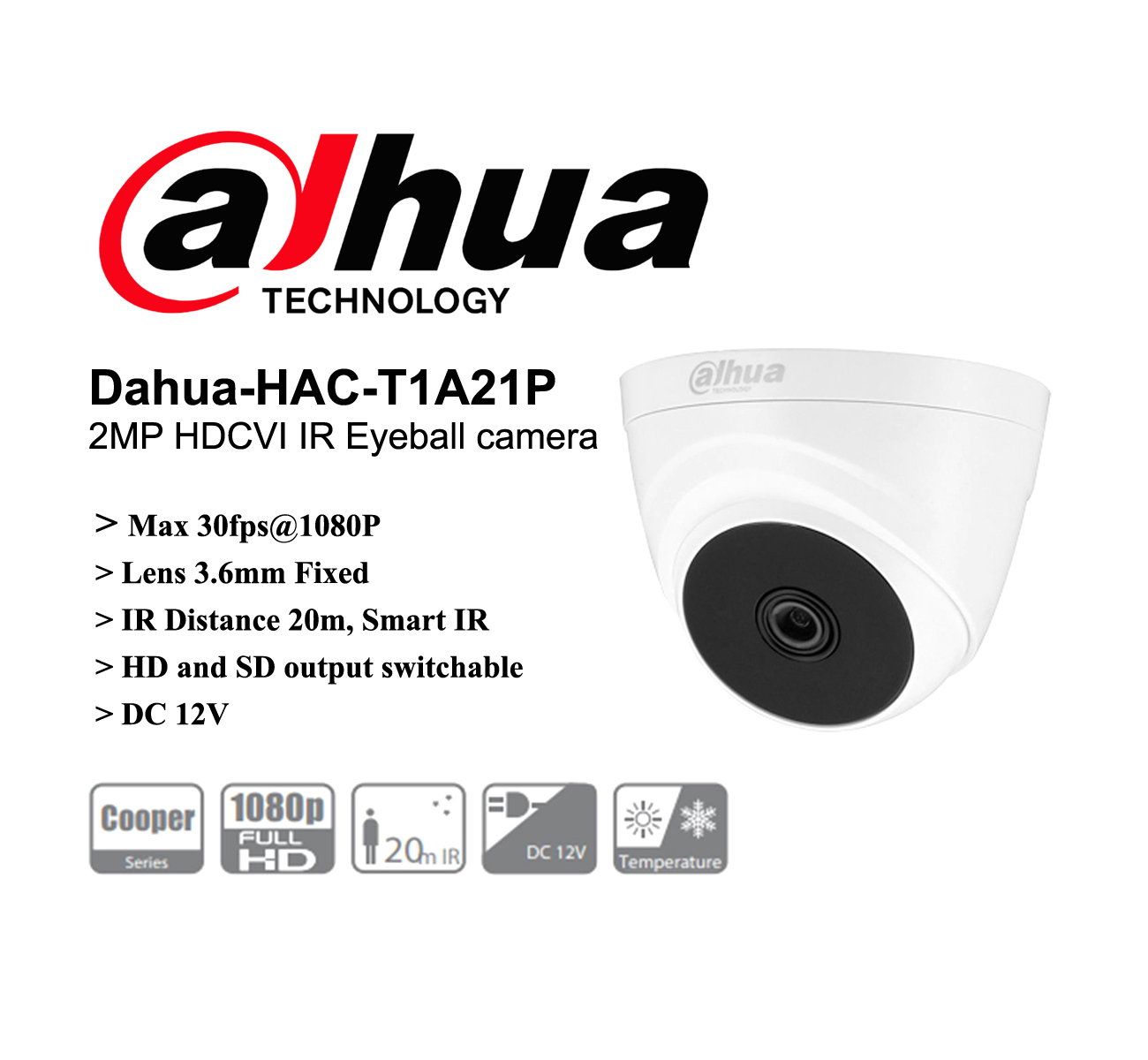 DAHUA-HAC-T1A21P 2MP HDCVI IR Eyeball Camera - Fiber Zone